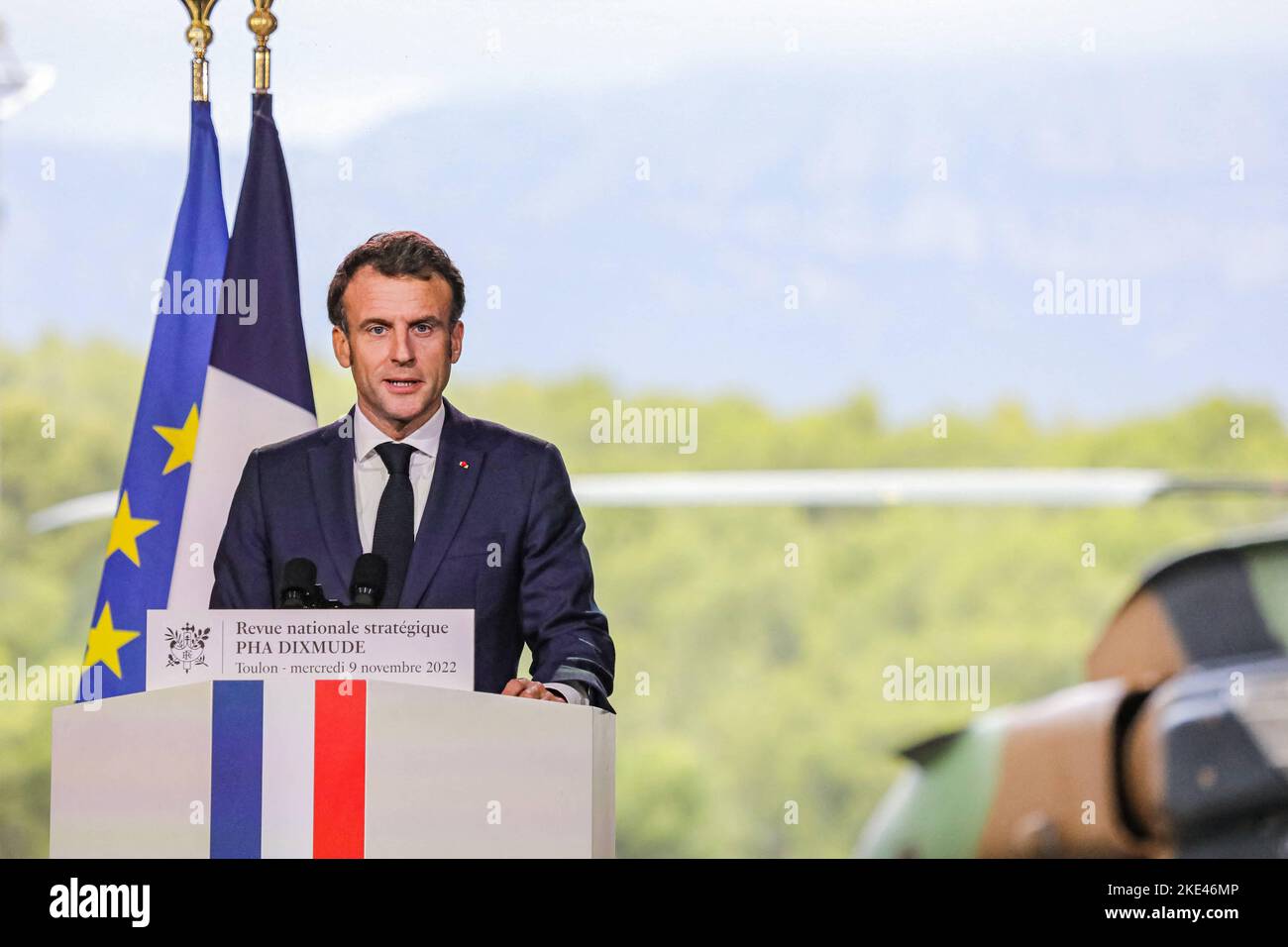 French President Emmanuel Macron delivers his speech at the French Navy ...