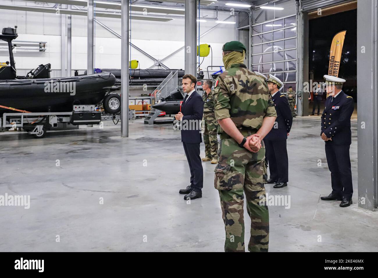 French President Emmanuel Macron (2L) meets with soldiers of the French ...