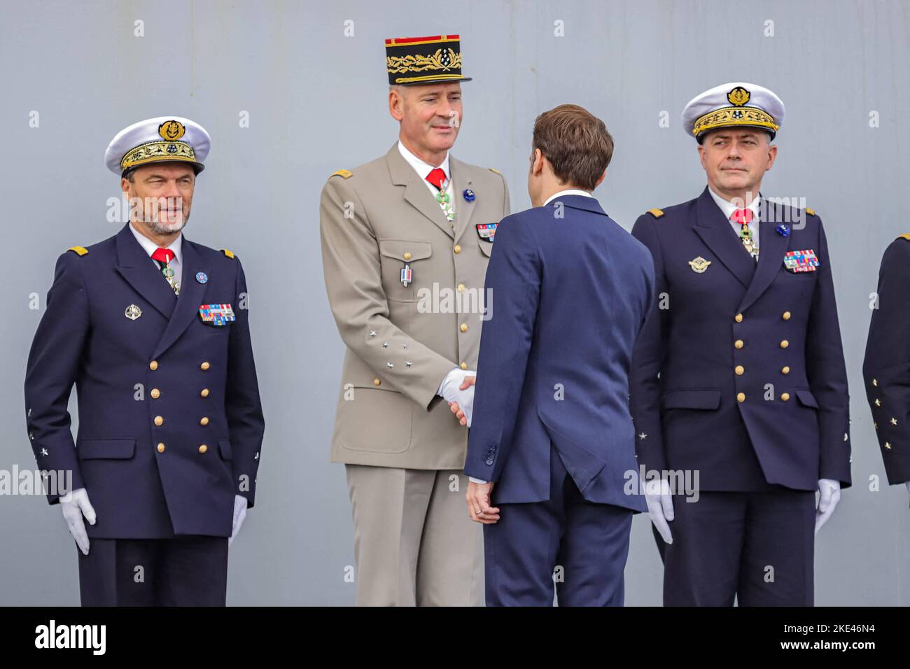 French President Emmanuel Macron on the deck of the amphibious ...