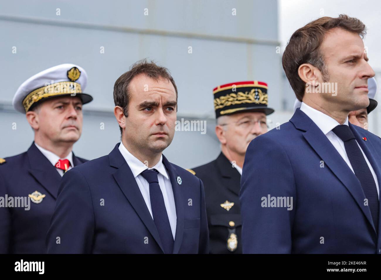 French President Emmanuel Macron on the deck of the amphibious ...
