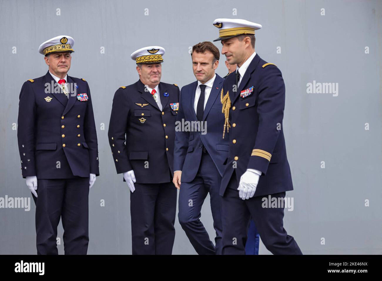 French President Emmanuel Macron on the deck of the amphibious ...