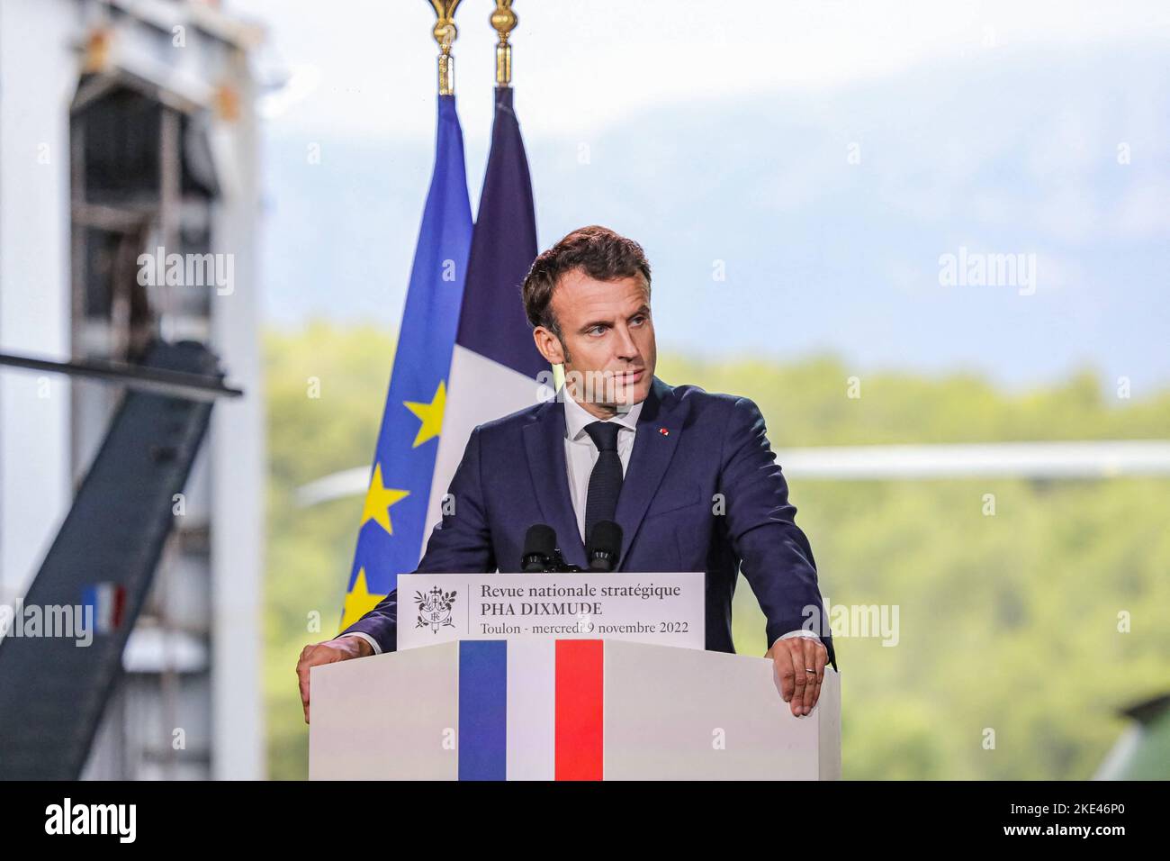 French President Emmanuel Macron delivers his speech at the French Navy ...
