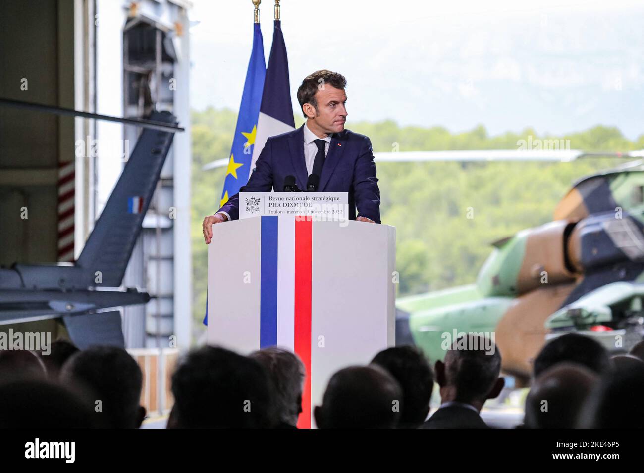 French President Emmanuel Macron delivers his speech at the French Navy ...