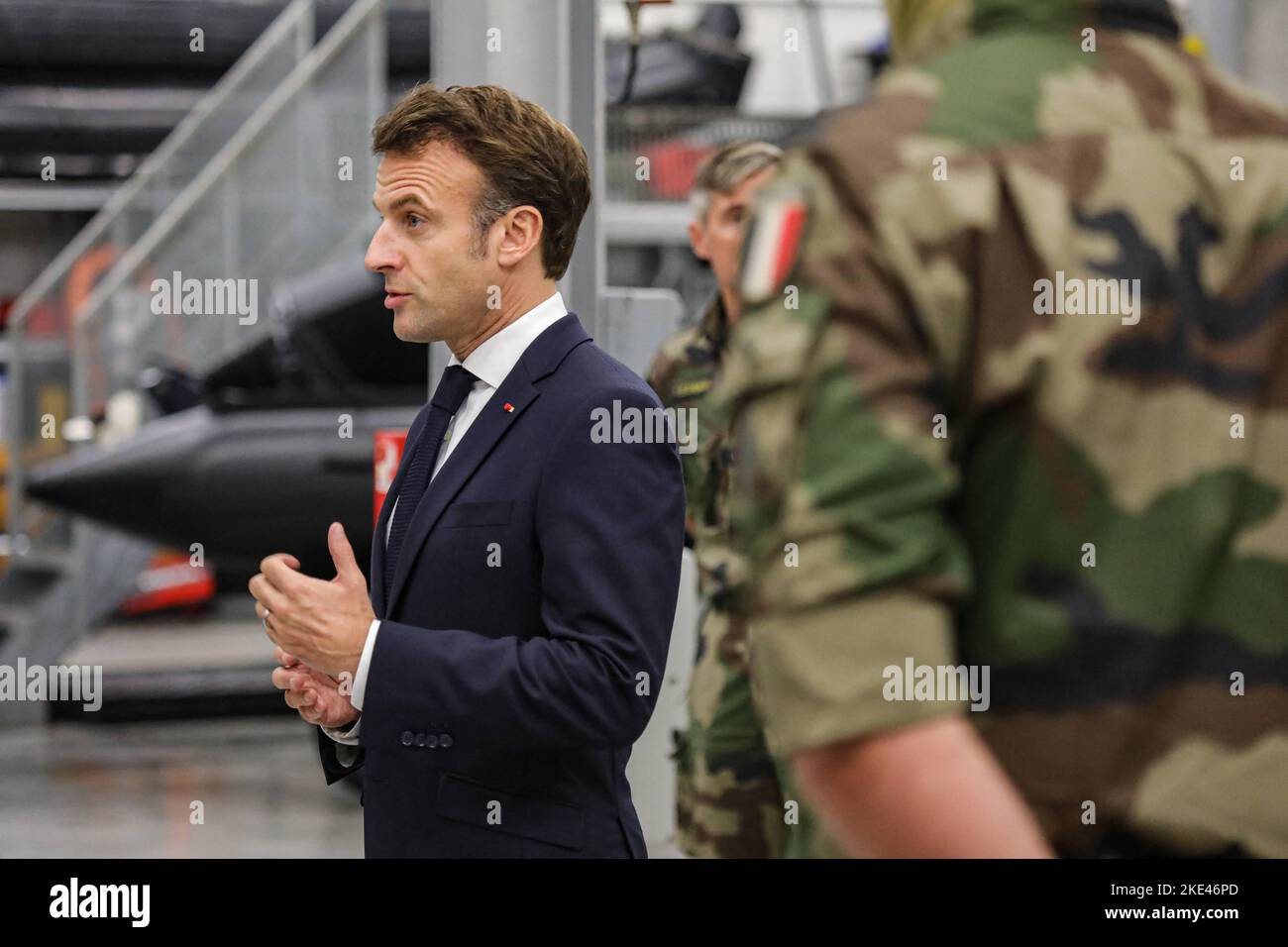 French President Emmanuel Macron (2L) meets with soldiers of the French ...