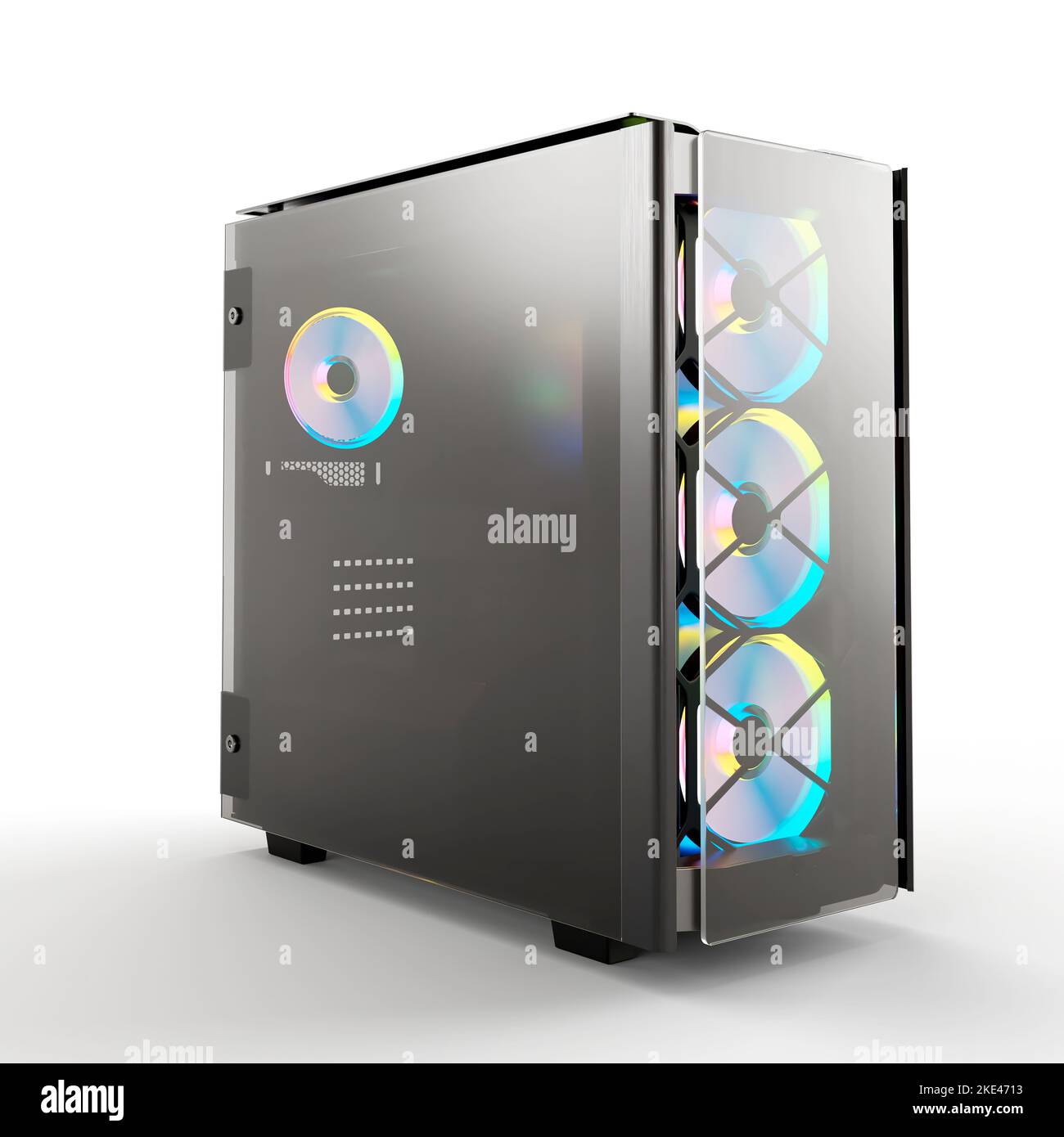 A photorealistic 3D render of a gaming PC case with colorful glowing ...