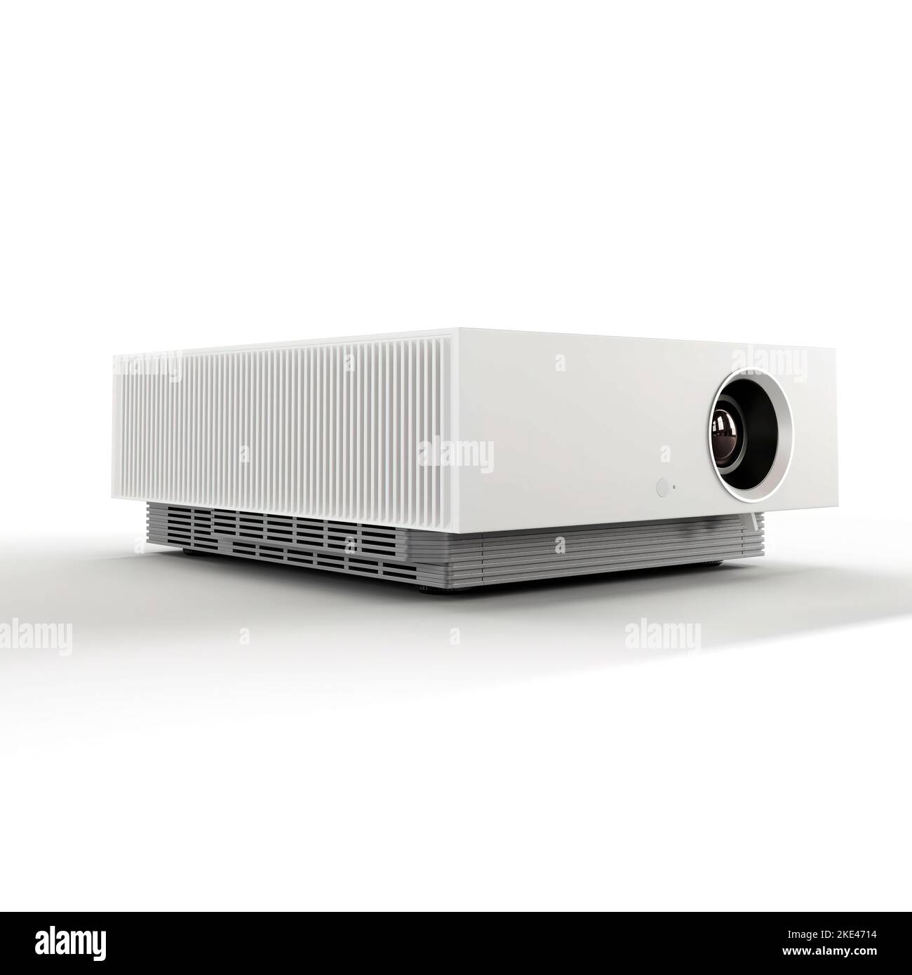 A photorealistic 3D render of a bulky white square projector under ...