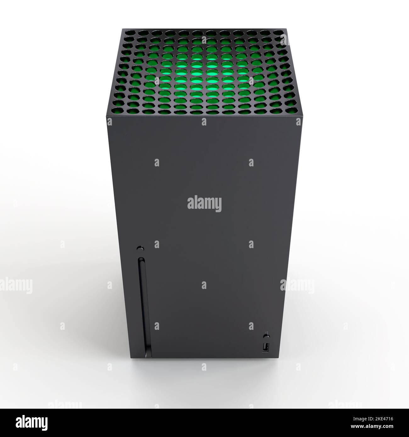 A photorealistic 3D render of a gaming console with glowing green ...