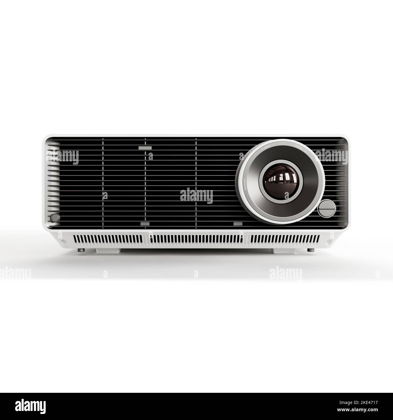 A photorealistic 3D render of a bulky white square projector under ...