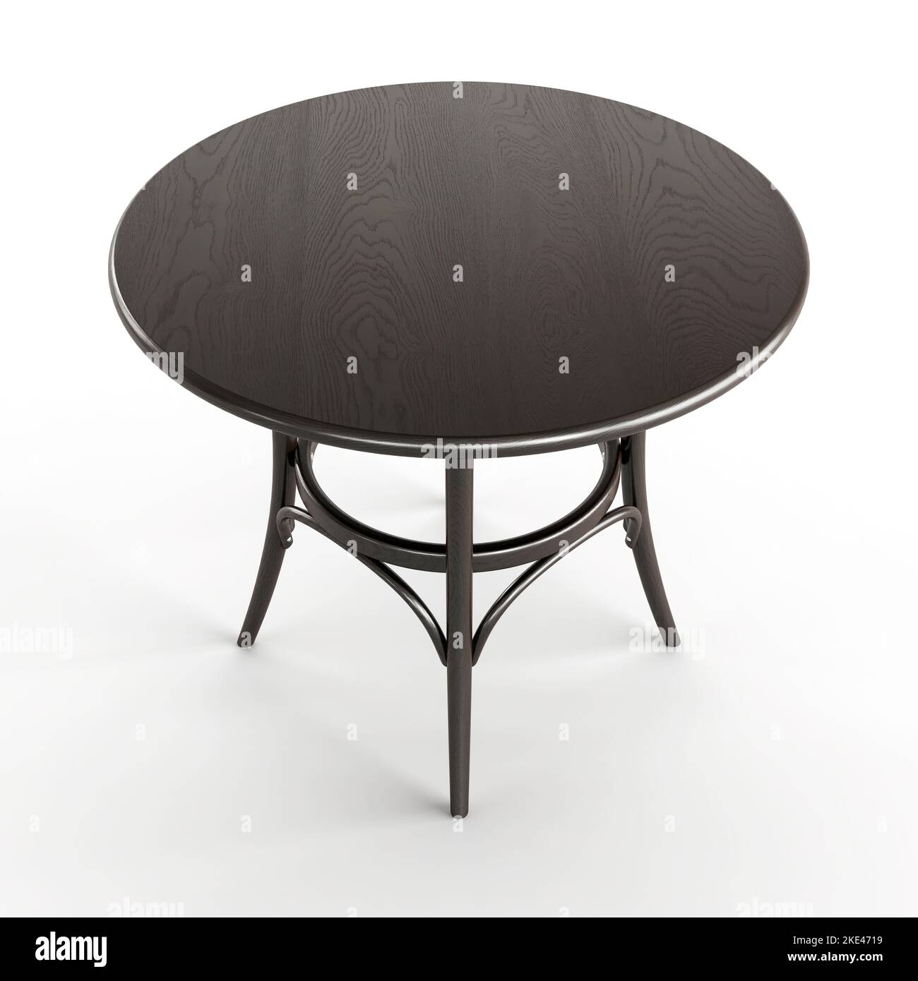 A photorealistic 3D rendering of a black wooden table with a round top ...