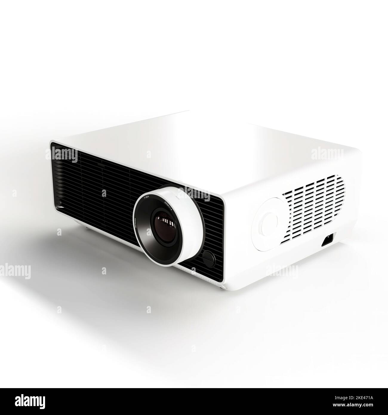 A photorealistic 3D render of a bulky white square projector under ...