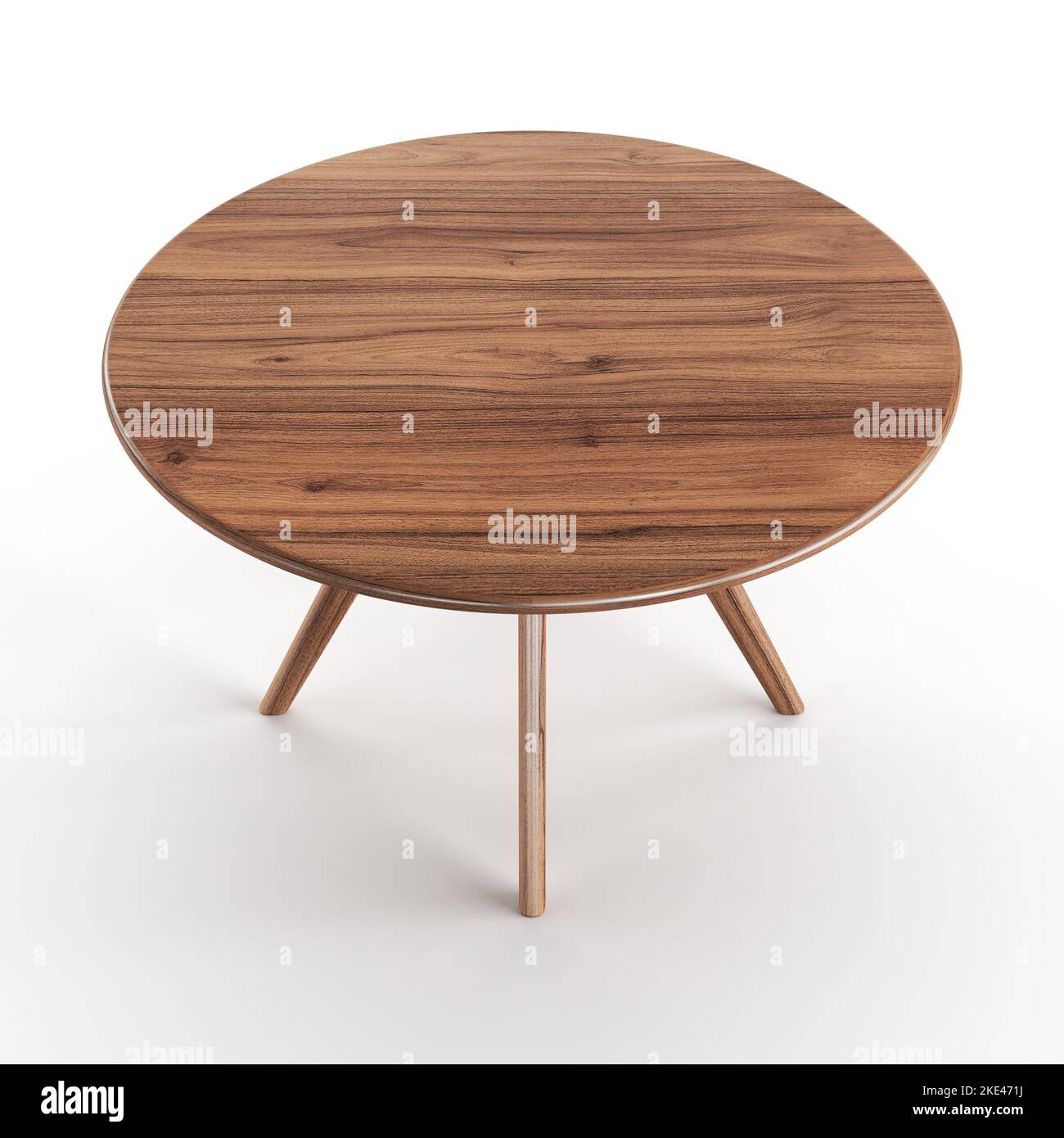 A photorealistic 3D rendering of a round walnut wood table with three ...