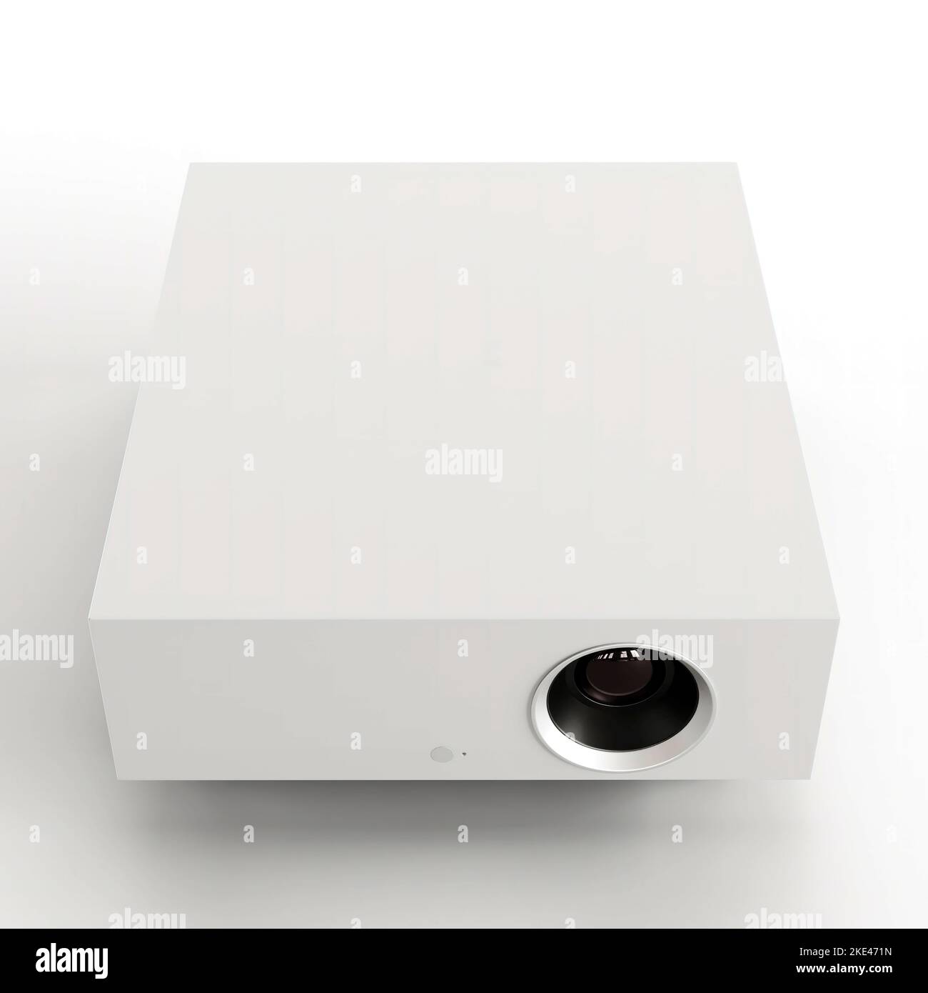 A photorealistic 3D render of a bulky white square projector under ...