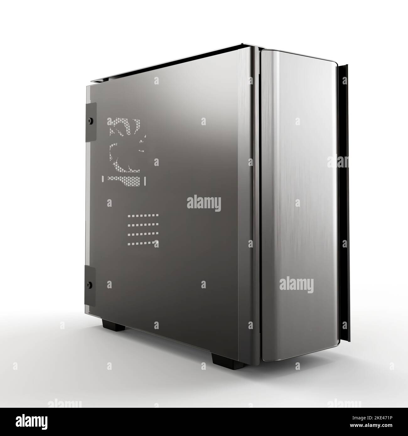 A photorealistic 3D render of an advanced gaming PC case with fans ...