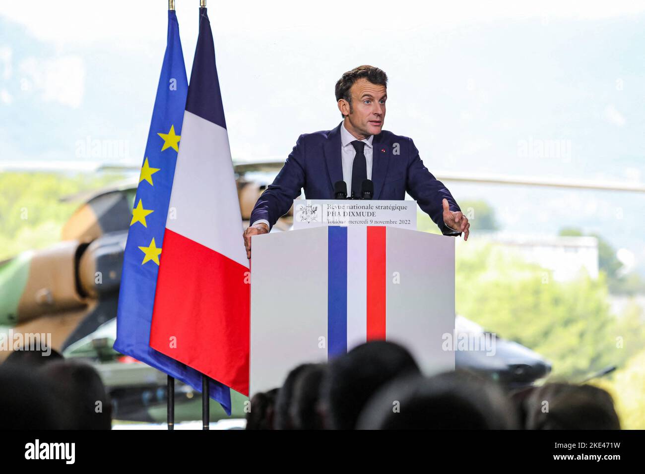 French President Emmanuel Macron delivers his speech at the French Navy ...