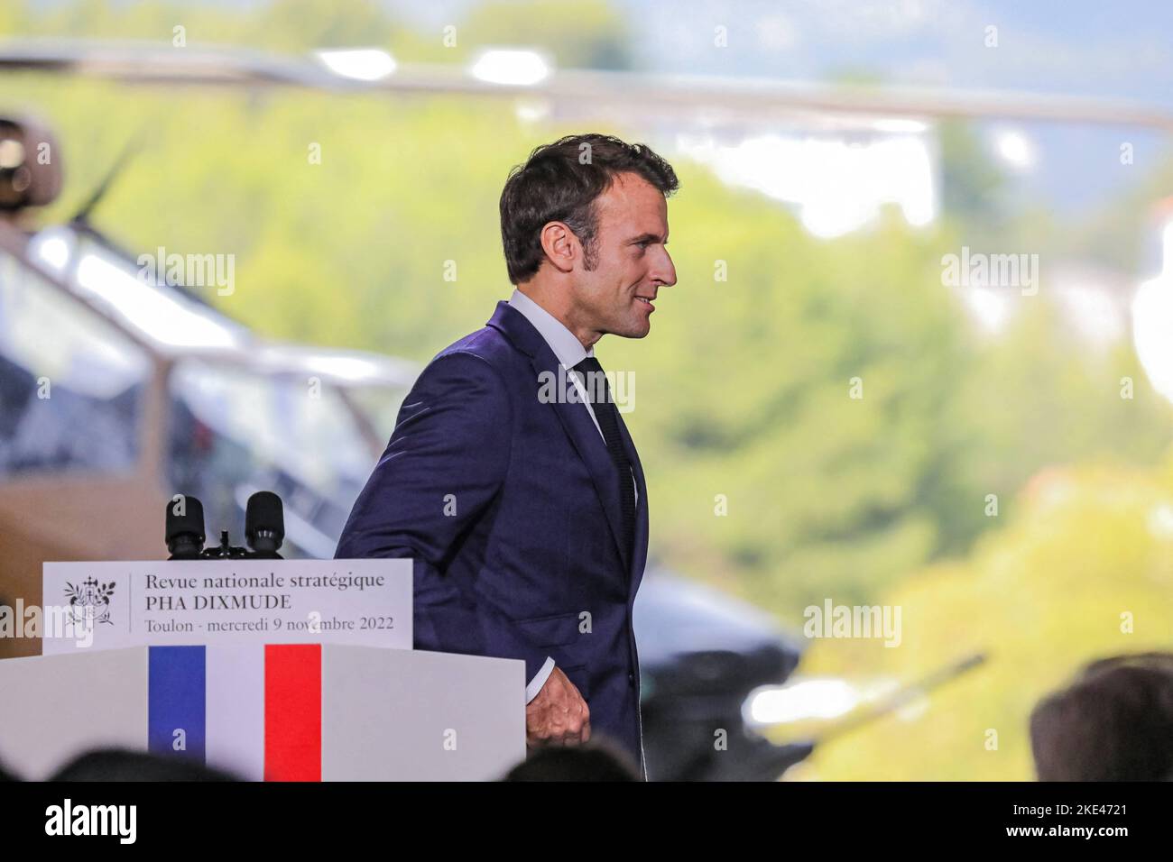 French President Emmanuel Macron delivers his speech at the French Navy ...
