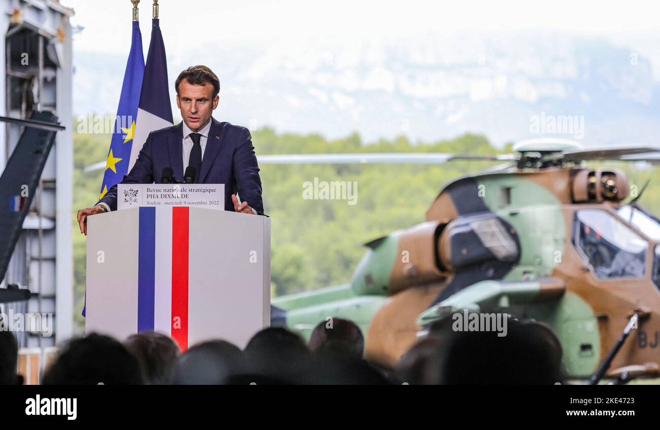 French President Emmanuel Macron delivers his speech at the French Navy ...