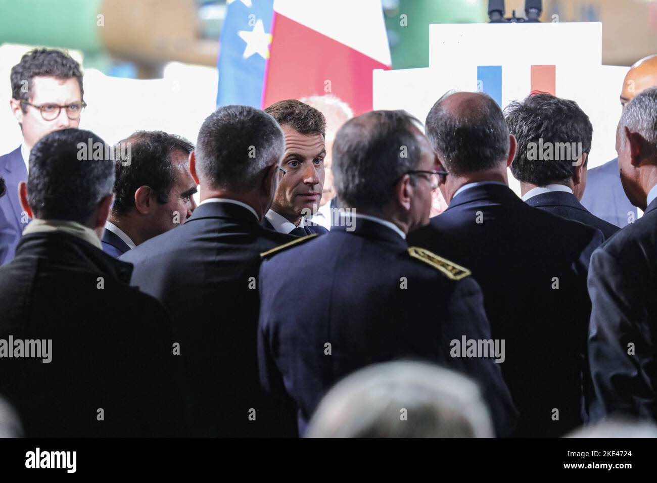 French President Emmanuel Macron delivers his speech at the French Navy ...