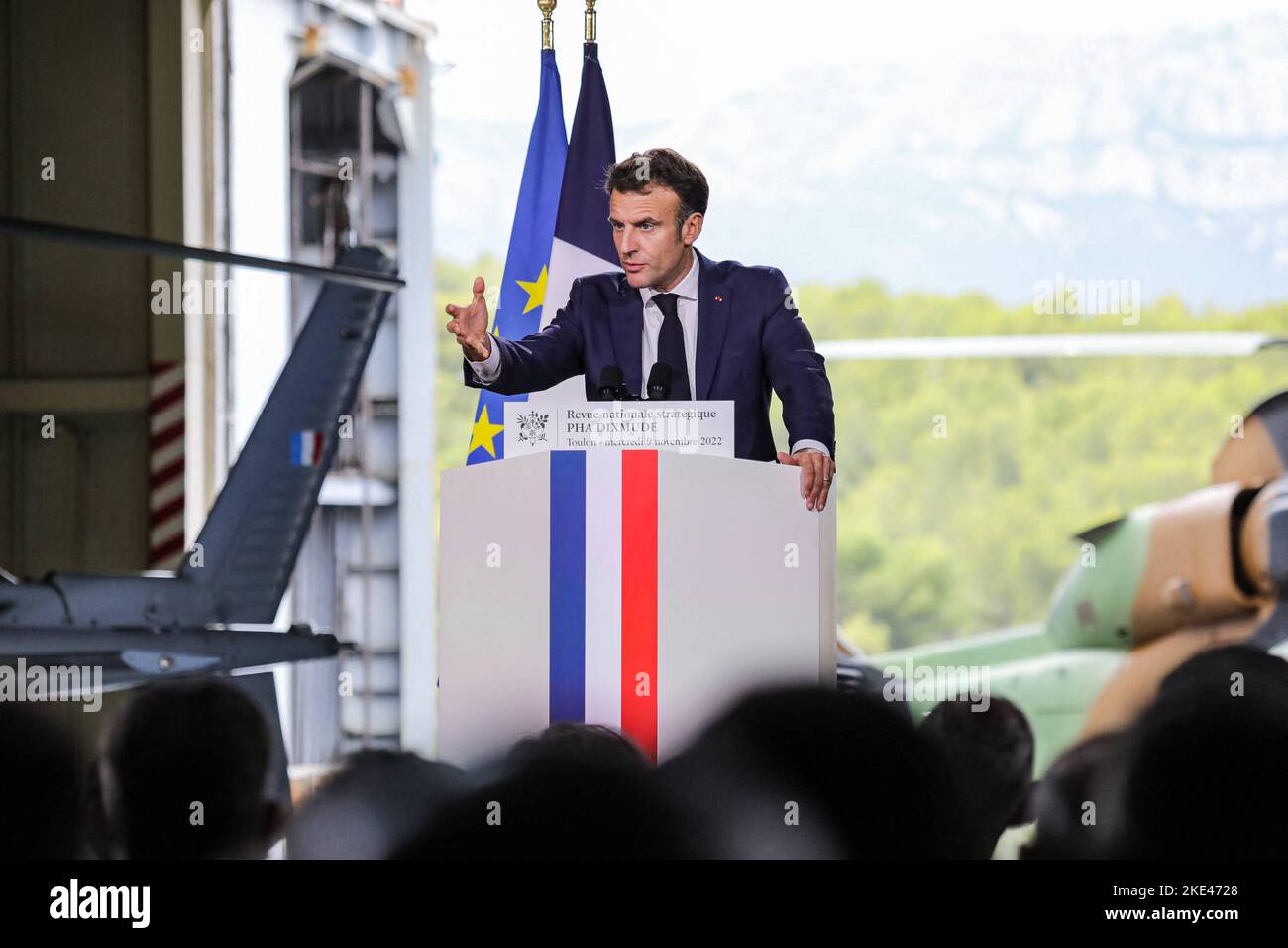 French President Emmanuel Macron delivers his speech at the French Navy ...