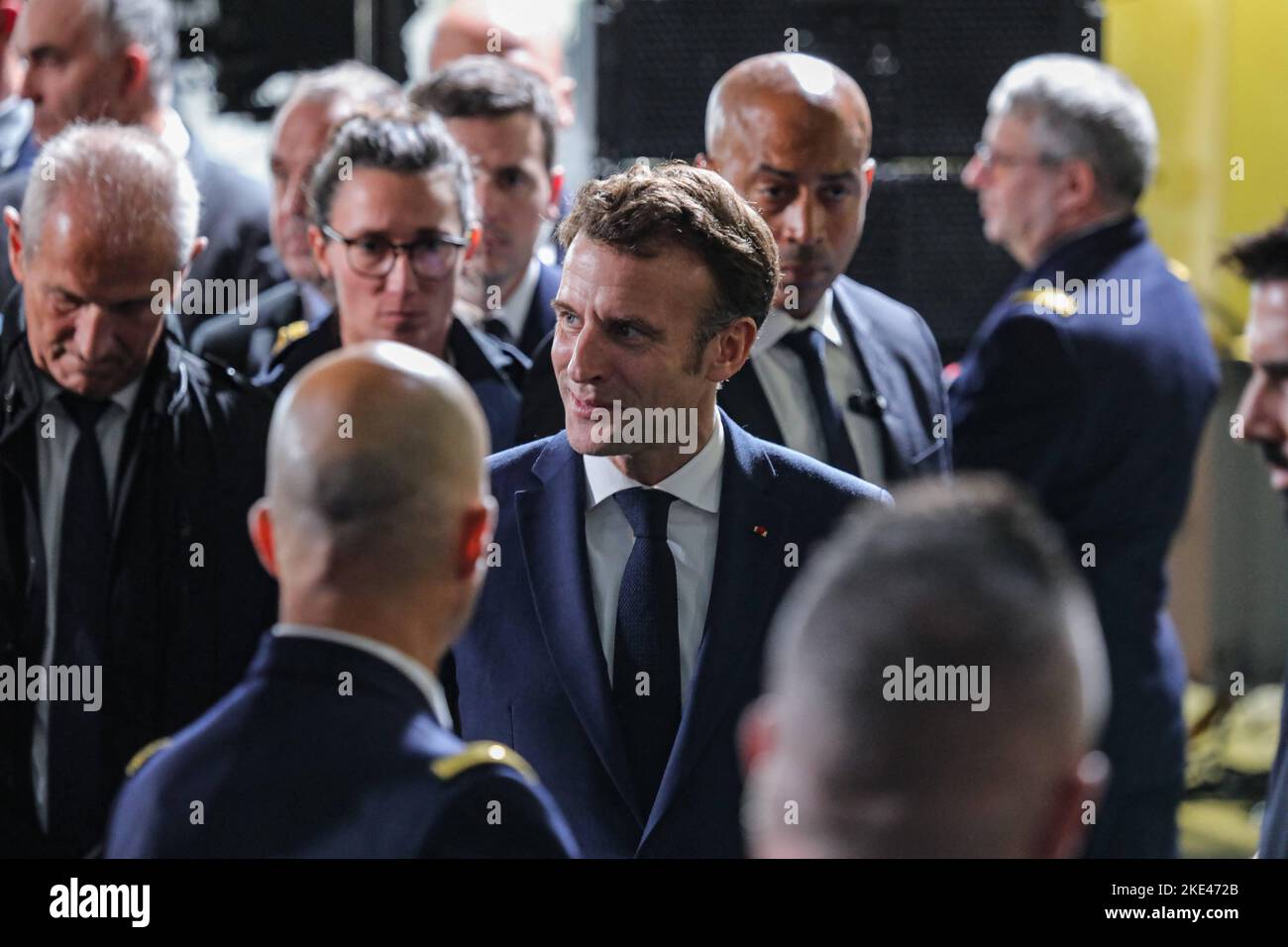 French President Emmanuel Macron delivers his speech at the French Navy ...