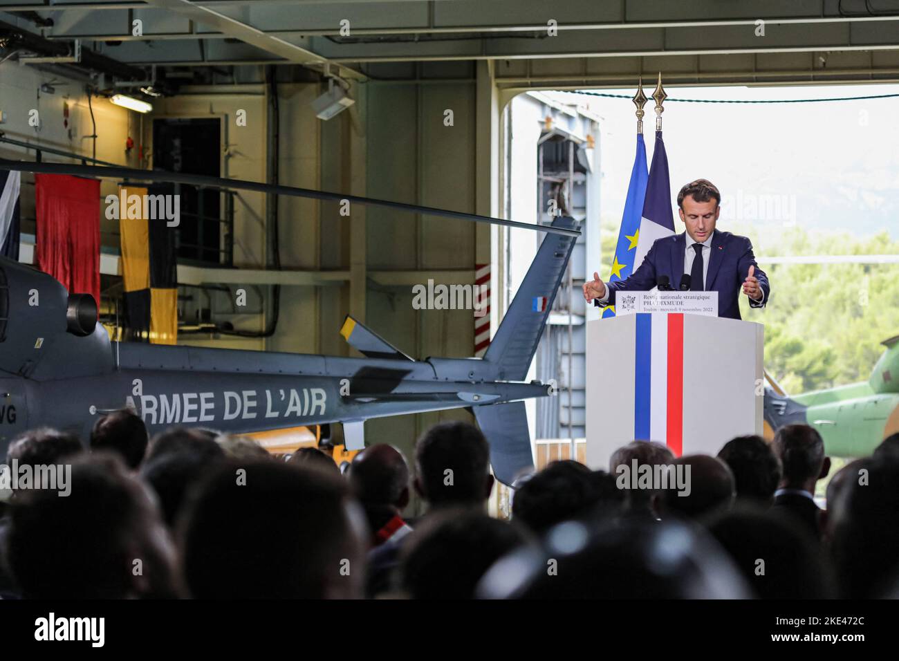 French President Emmanuel Macron delivers his speech at the French Navy ...