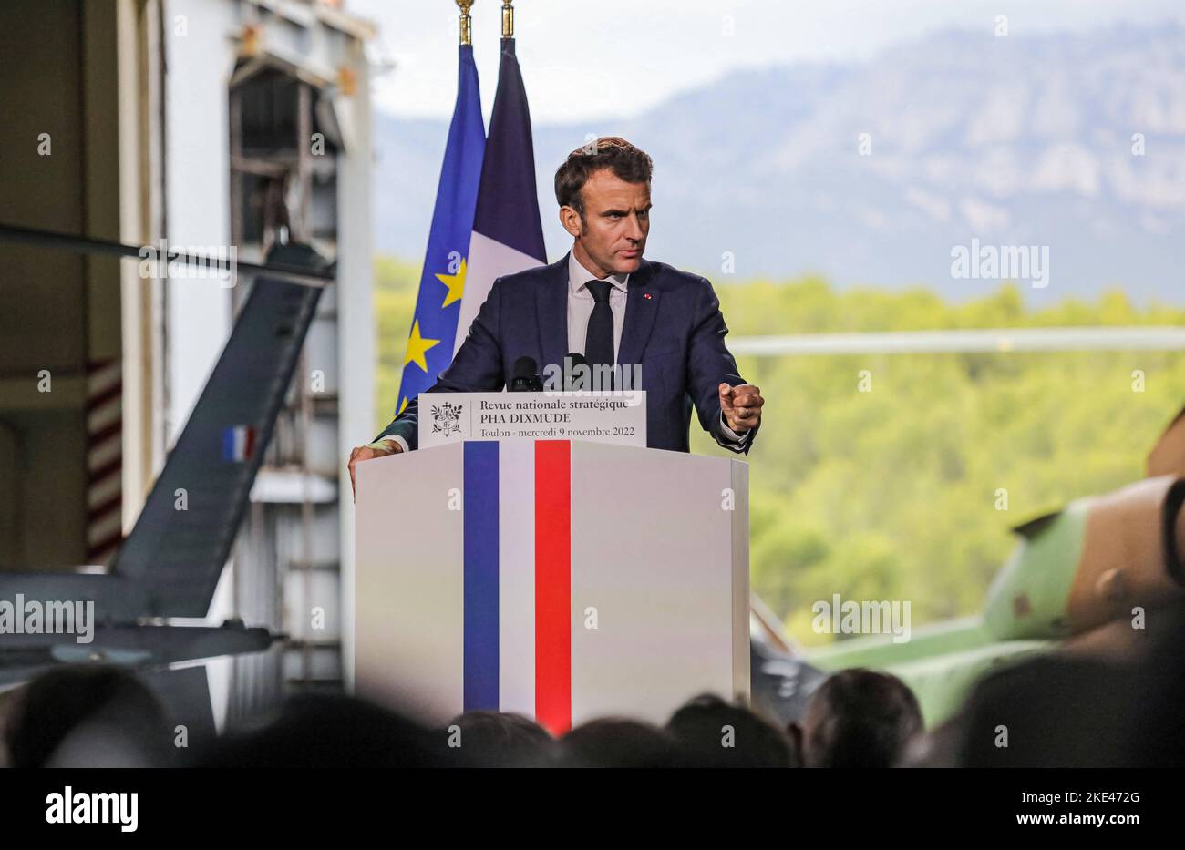 French President Emmanuel Macron delivers his speech at the French Navy ...