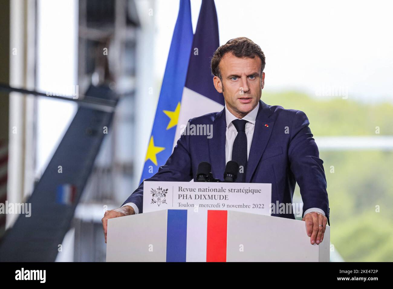 French President Emmanuel Macron delivers his speech at the French Navy ...