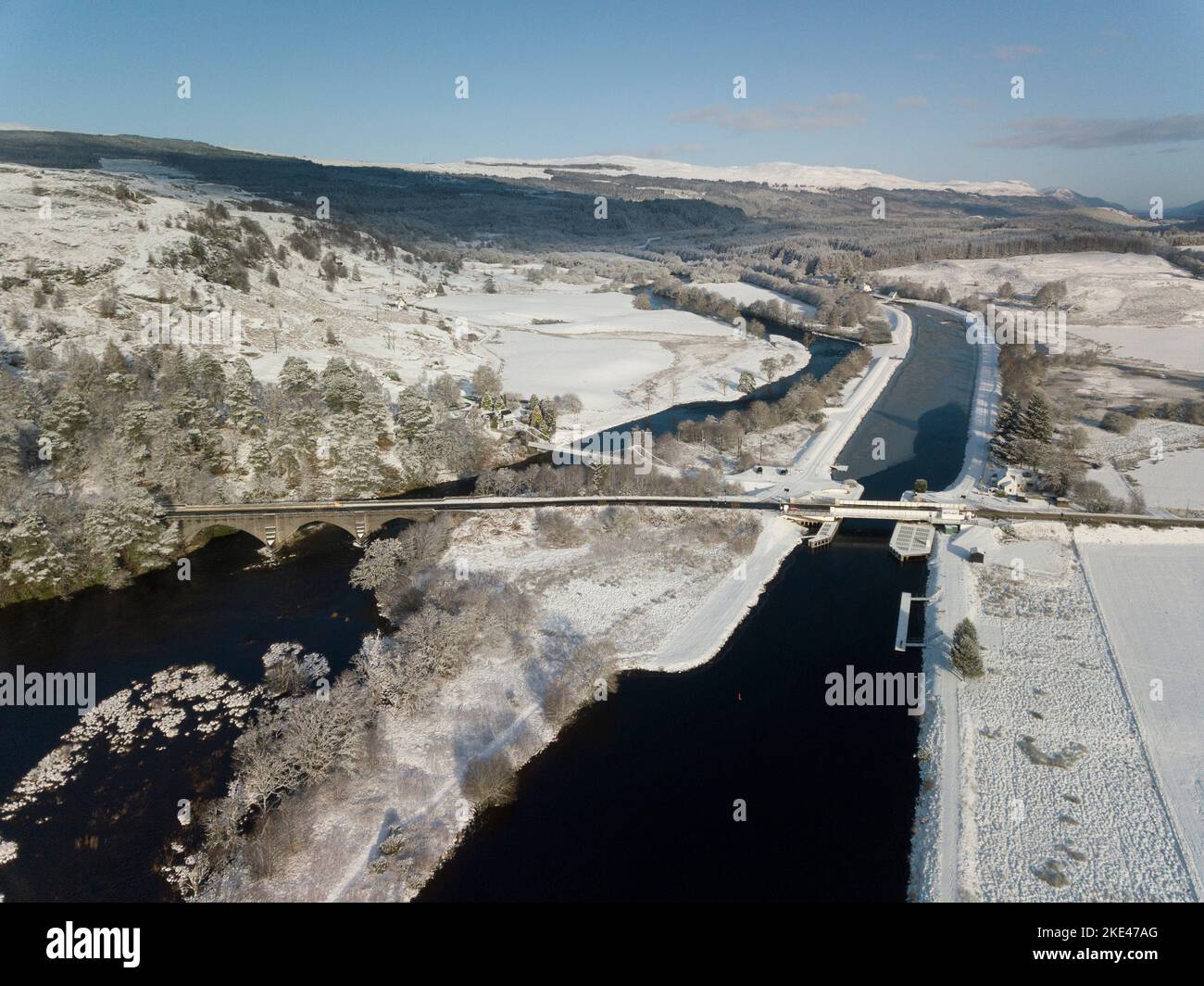 An aerial view of Bridge of Oich and snow-covered fields in Fort ...