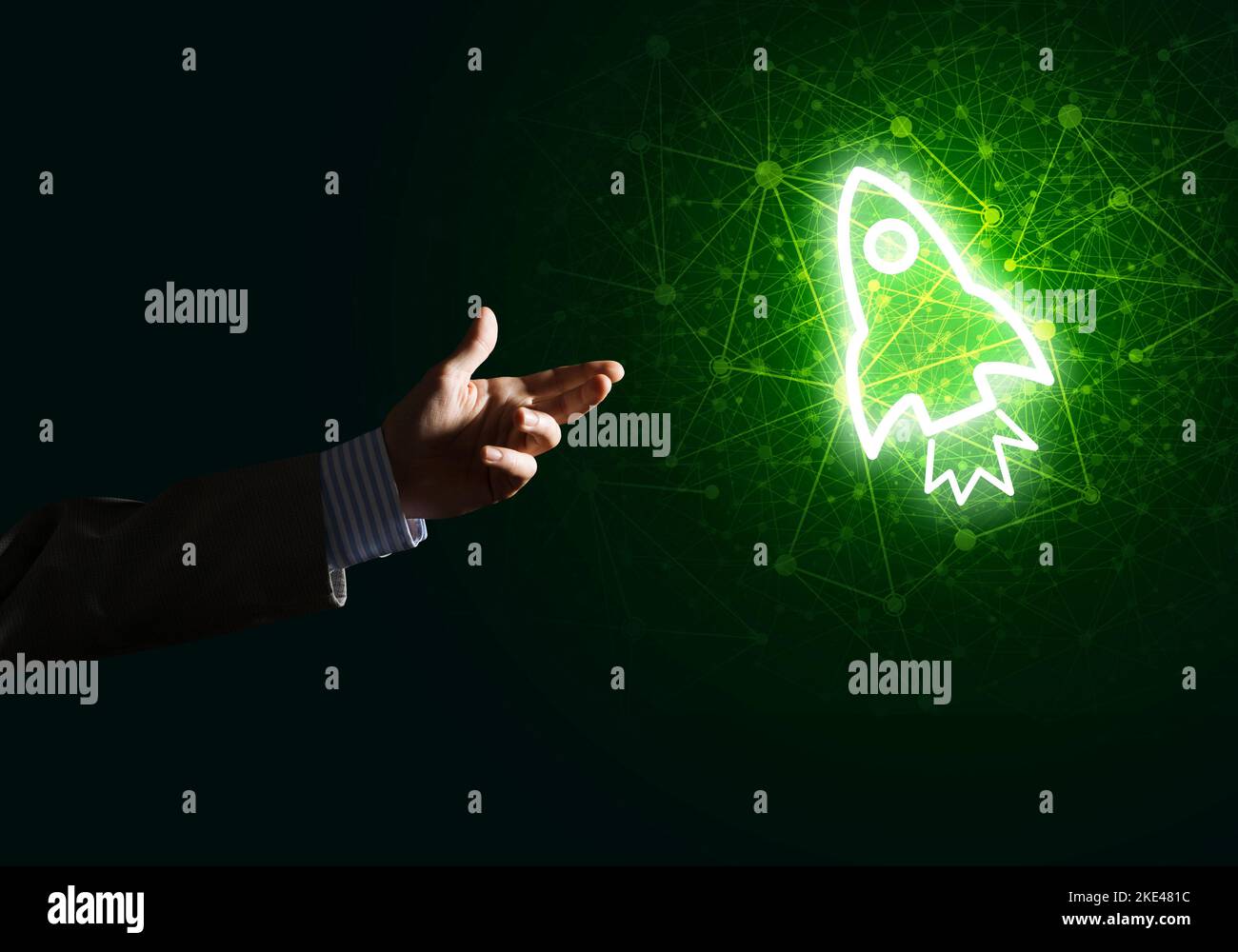 Man palm presenting Rocket web icon as technology concept Stock Photo ...