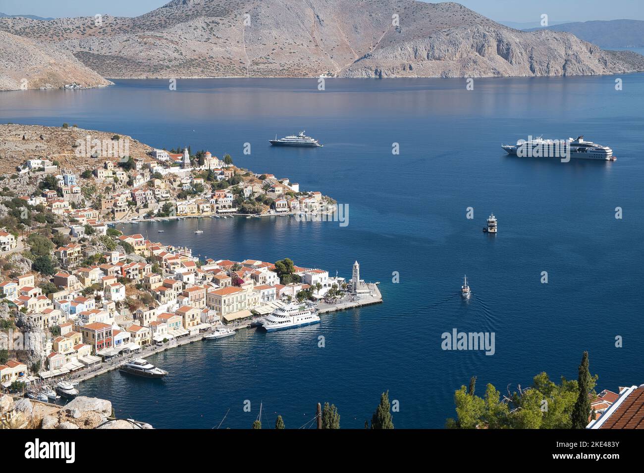 An aerial view of Aegean Sea and buildings on Symi island, Greece Stock ...