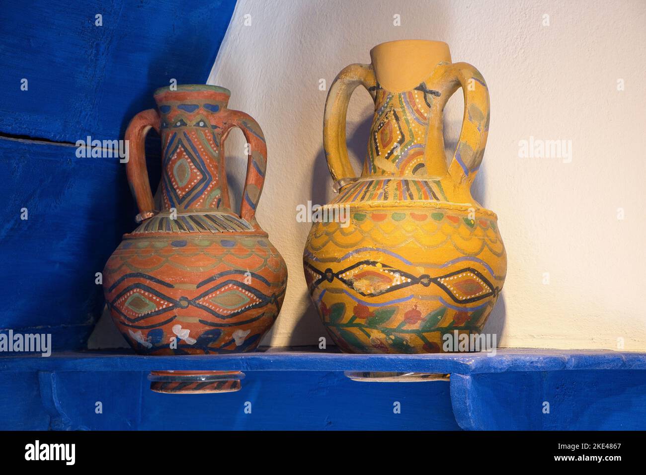The yellow and brown decorated antique water pitchers in Symi Museum ...