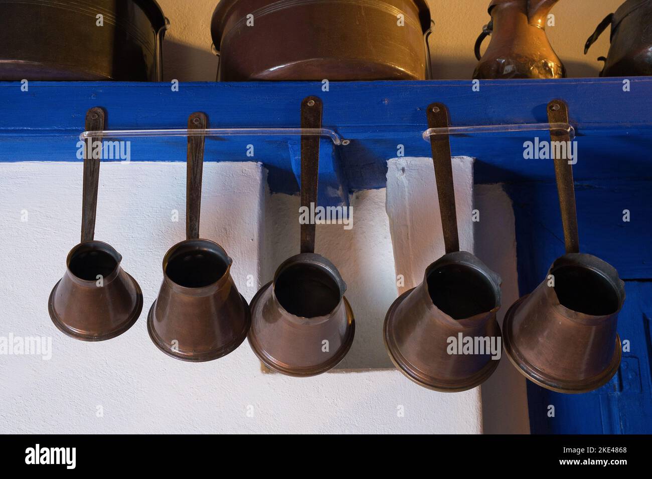 The brown coffee pot makers in Symi Museum, Symi island, Greece Stock ...