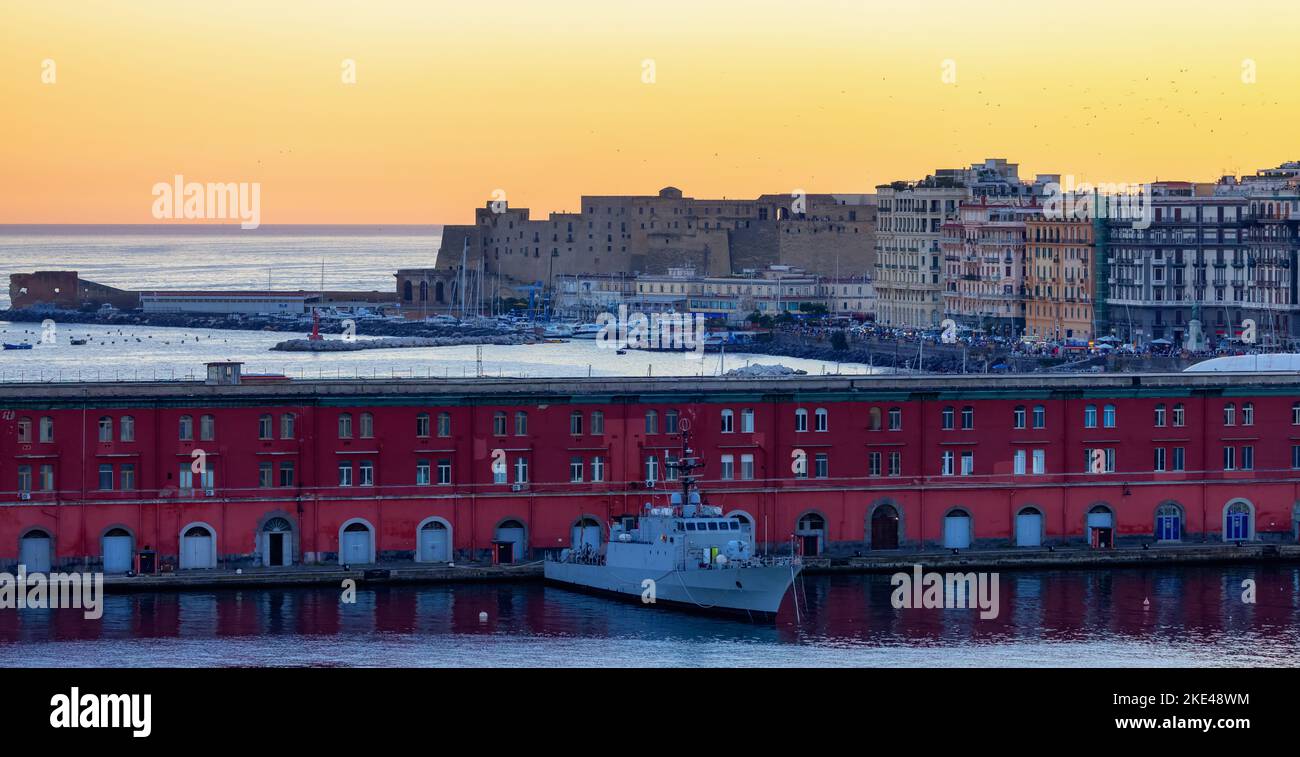 Navy Warship at a port of Historic Downtown City on Mediterranean Coast ...