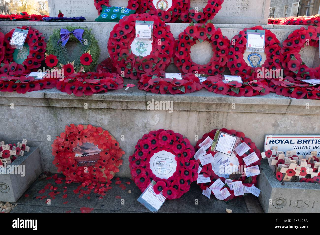 Remembrance Day poppy wreaths laid on the steps of the war memorial in ...