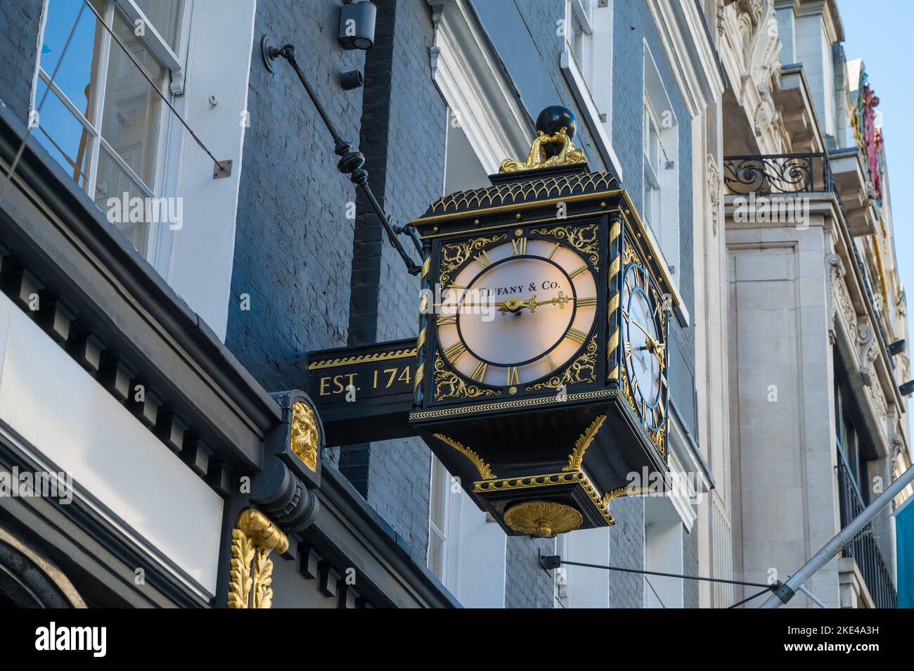 Ornate clock above entrance to Tiffany & Co. store. A high-end American ...