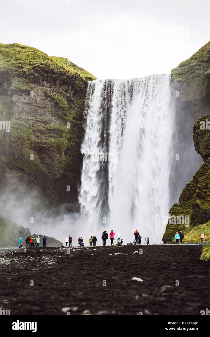 Tourist attraction - Skogafoss Waterfall, vertical shot of waterfall ...