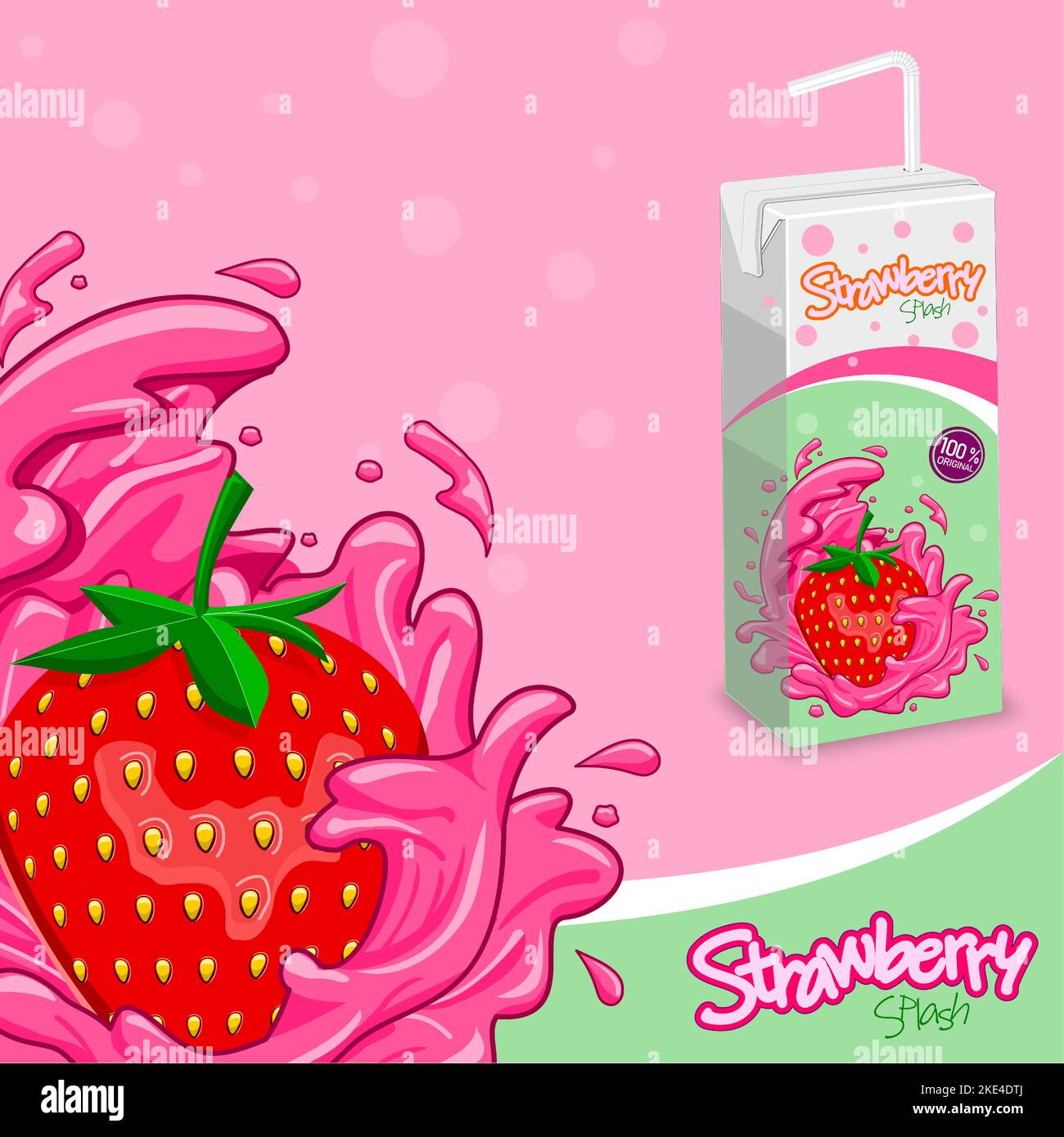 A design of strawberry juice packaging with splashes of water om pink ...