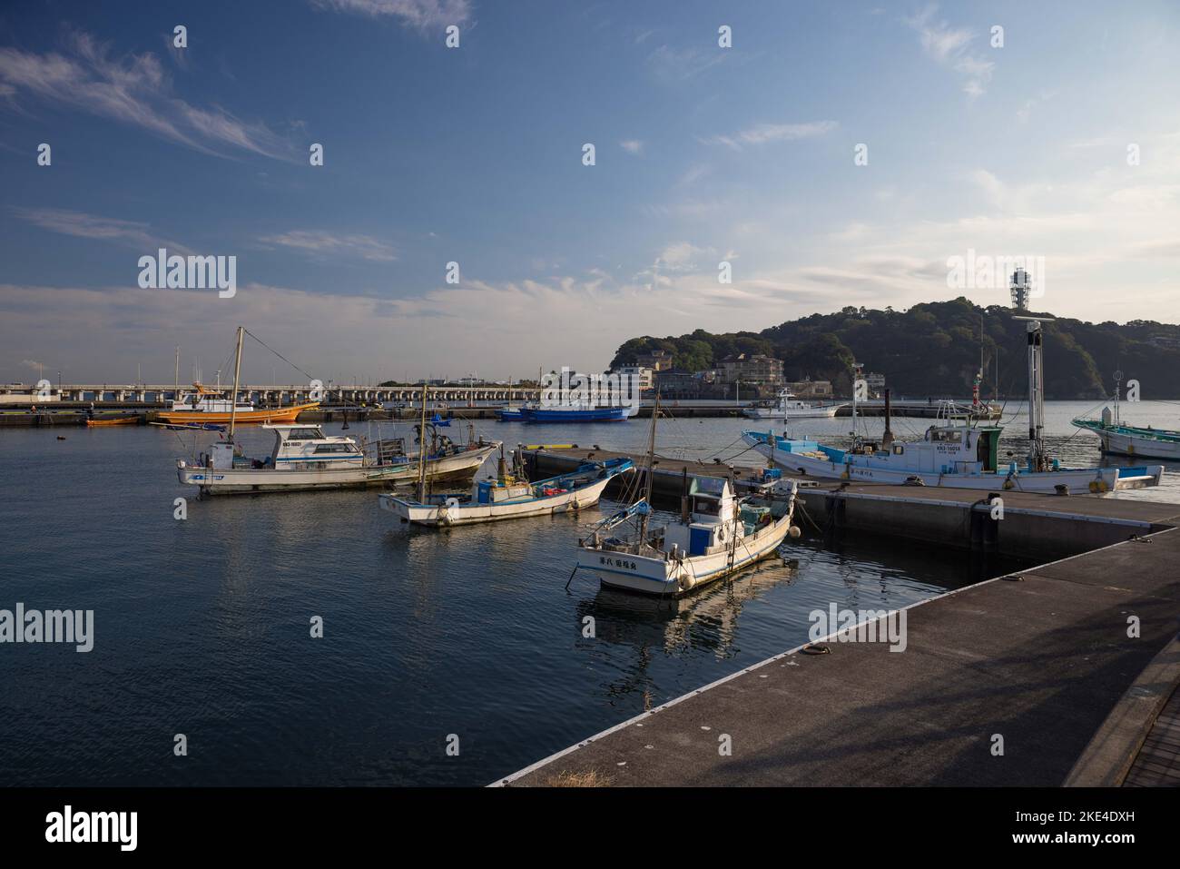 Enoshima, Japan. 28th Oct, 2022. Fishing boats anchored inside Enoshima ...