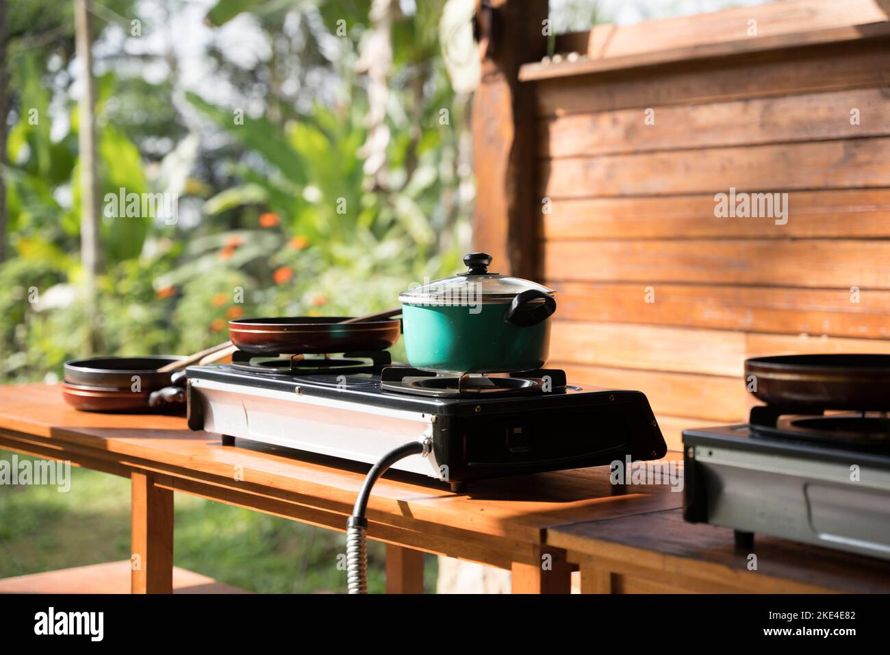 cooking stove on a bench in the jungle of Bali, Indonesia Stock Photo ...