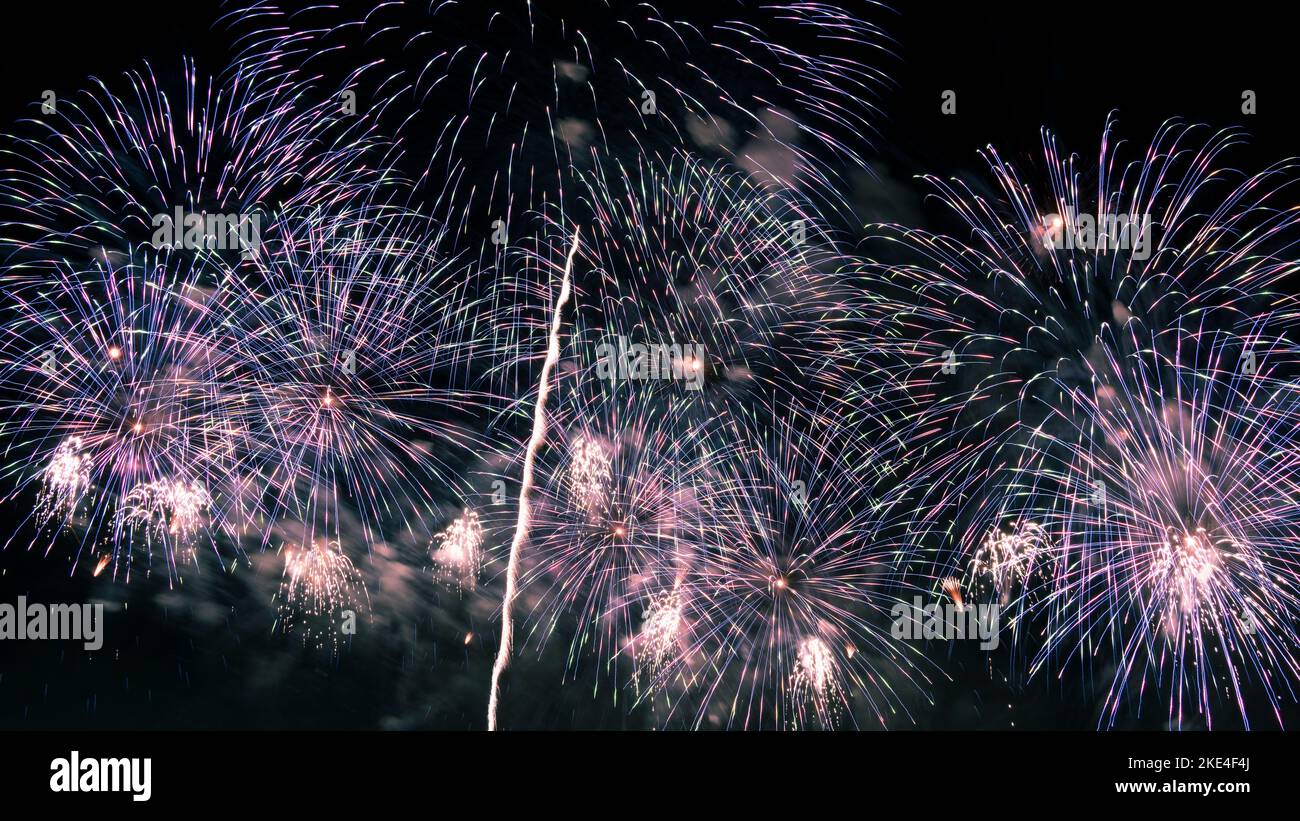 A scenic shot of the colorful fireworks against the night sky ...