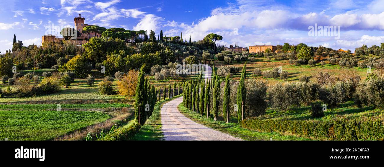Italy, romantic Tuscany scenery with cypresses and castles. famous ...