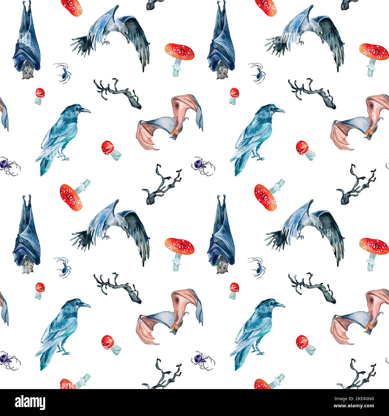 Fly agaric mushroom and bat, crow watercolor seamless pattern isolated ...