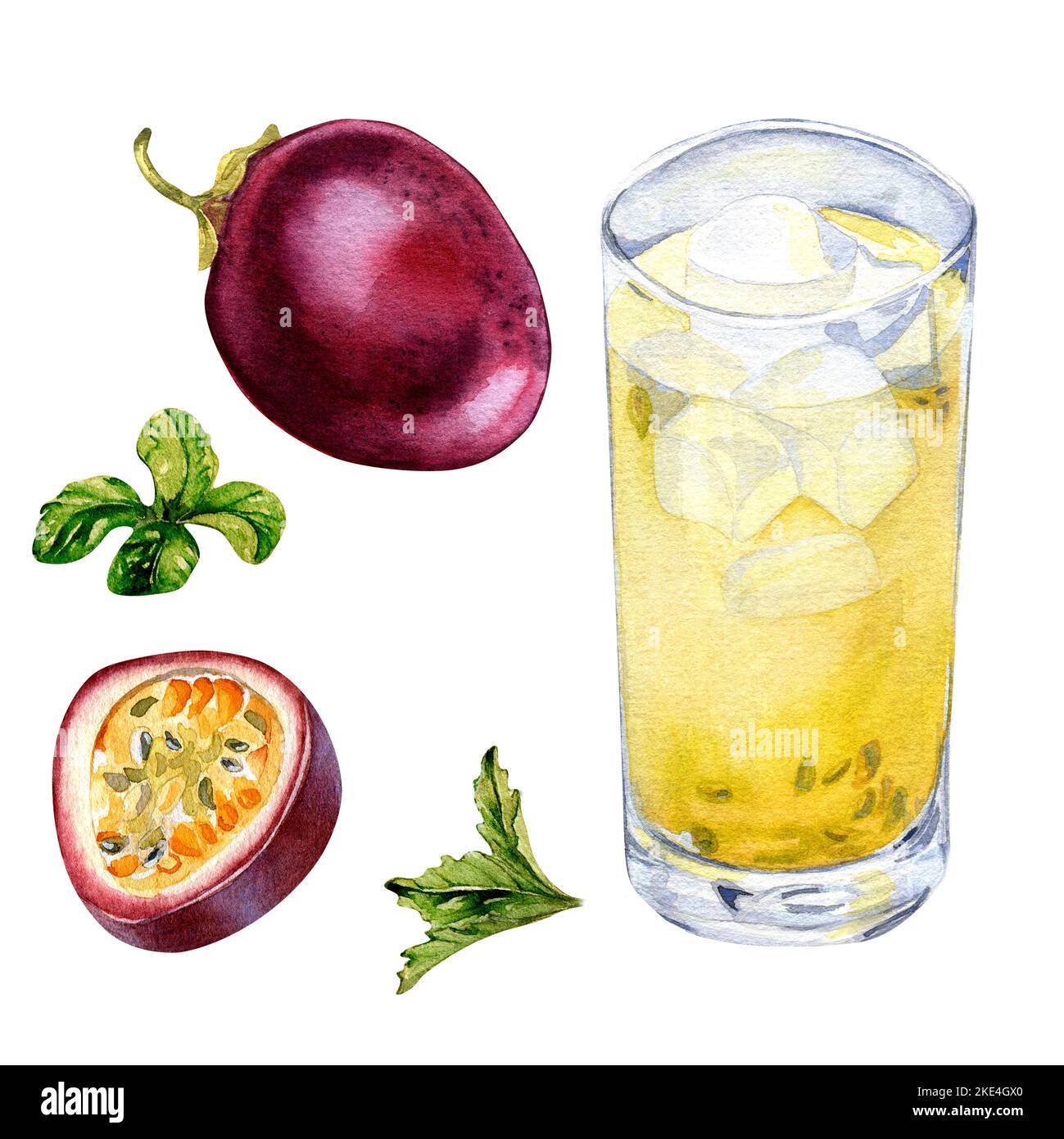 Set of passion fruit smoothies watercolor illustration isolated on ...