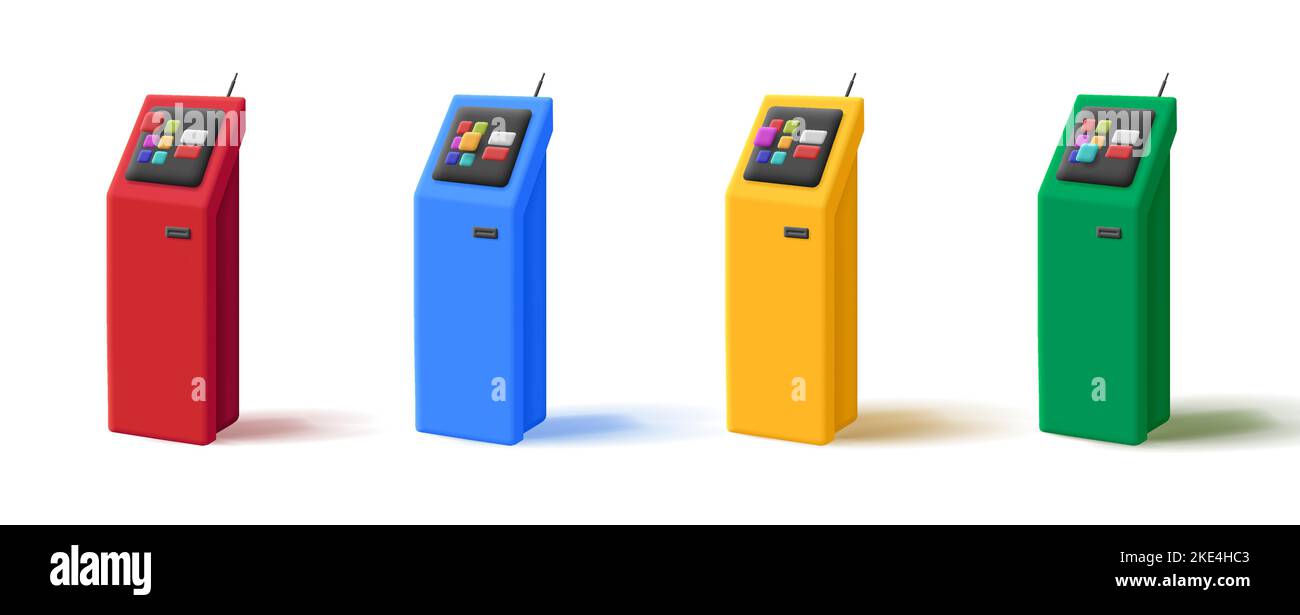 ATM or terminal 3d illustration set with service tiles icons on touchscreen in different colors ...
