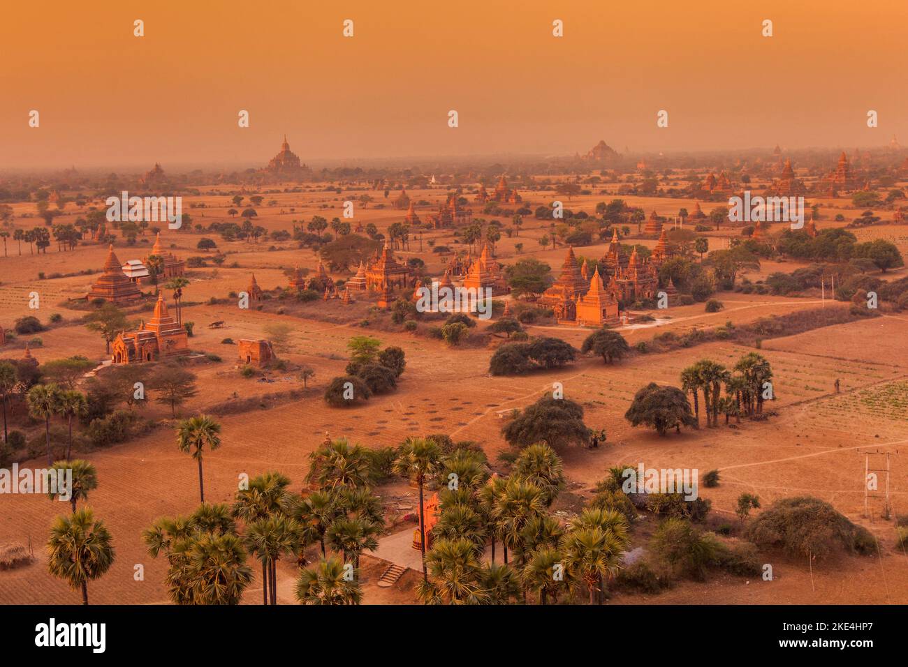An aerial view of the Buddhist Temples in the sandy desert in Bagan ...