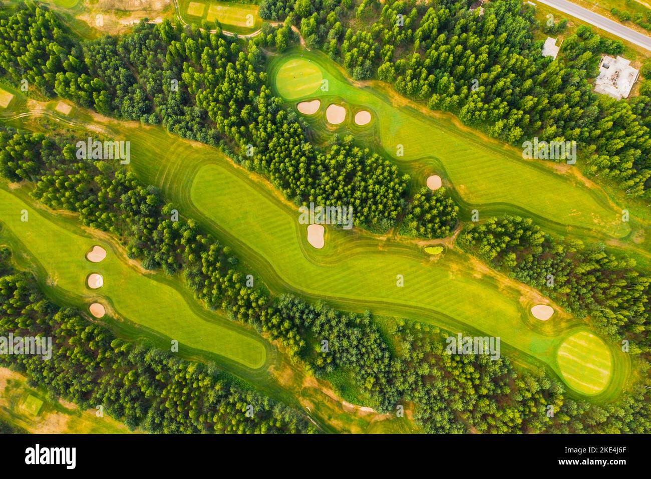 Top view of the golf course located in a wooded area Stock Photo - Alamy