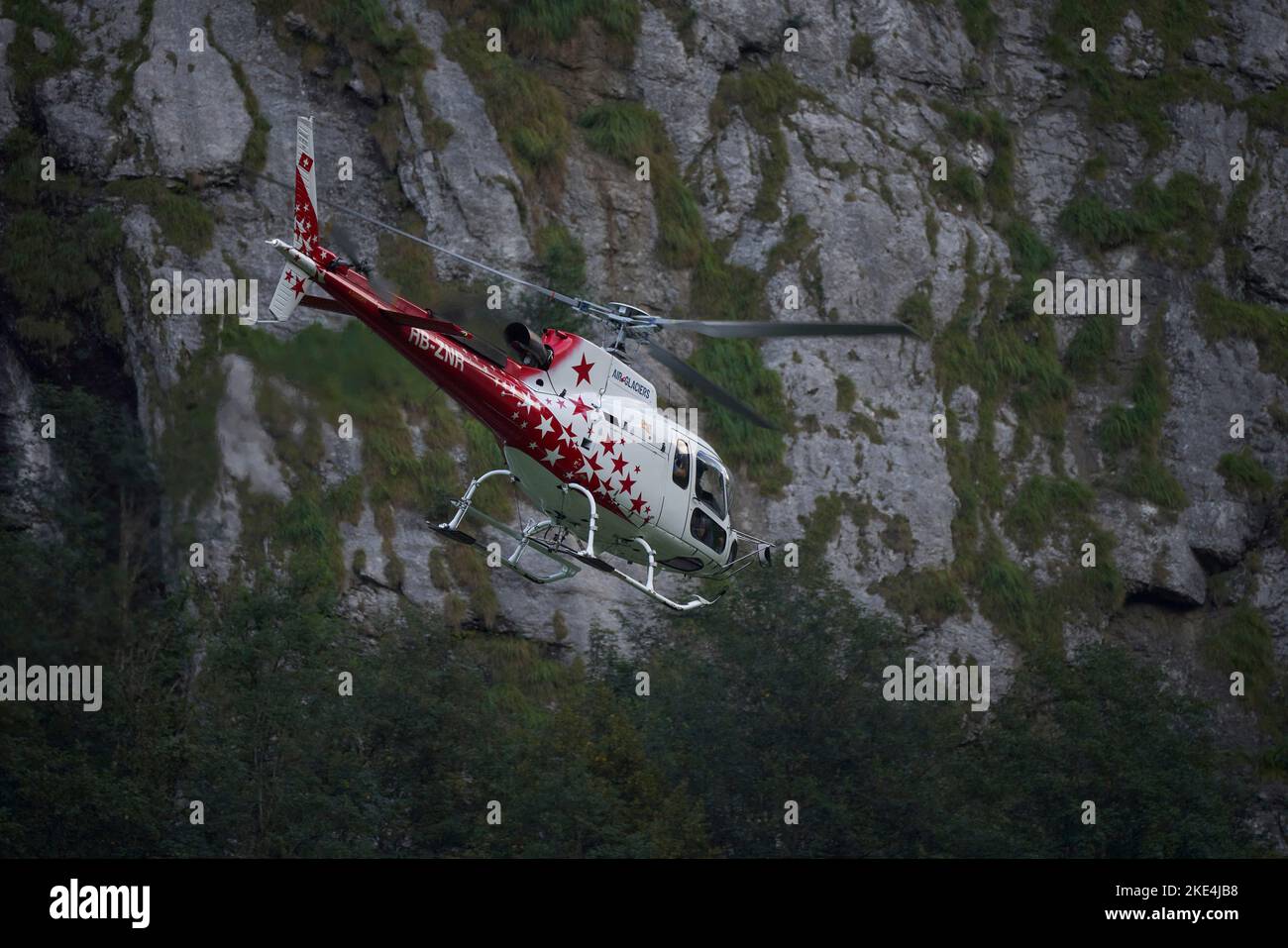 The Air Zermatt helicopter on air with the background of green rocky ...