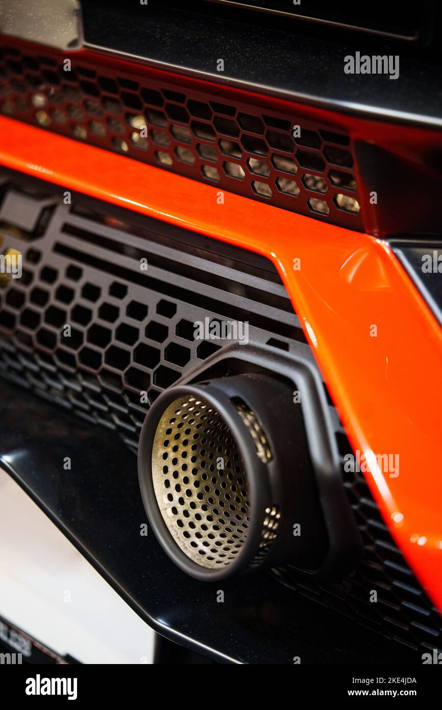 Close up shot of the rear exhaust pipe of a sports car Stock Photo - Alamy
