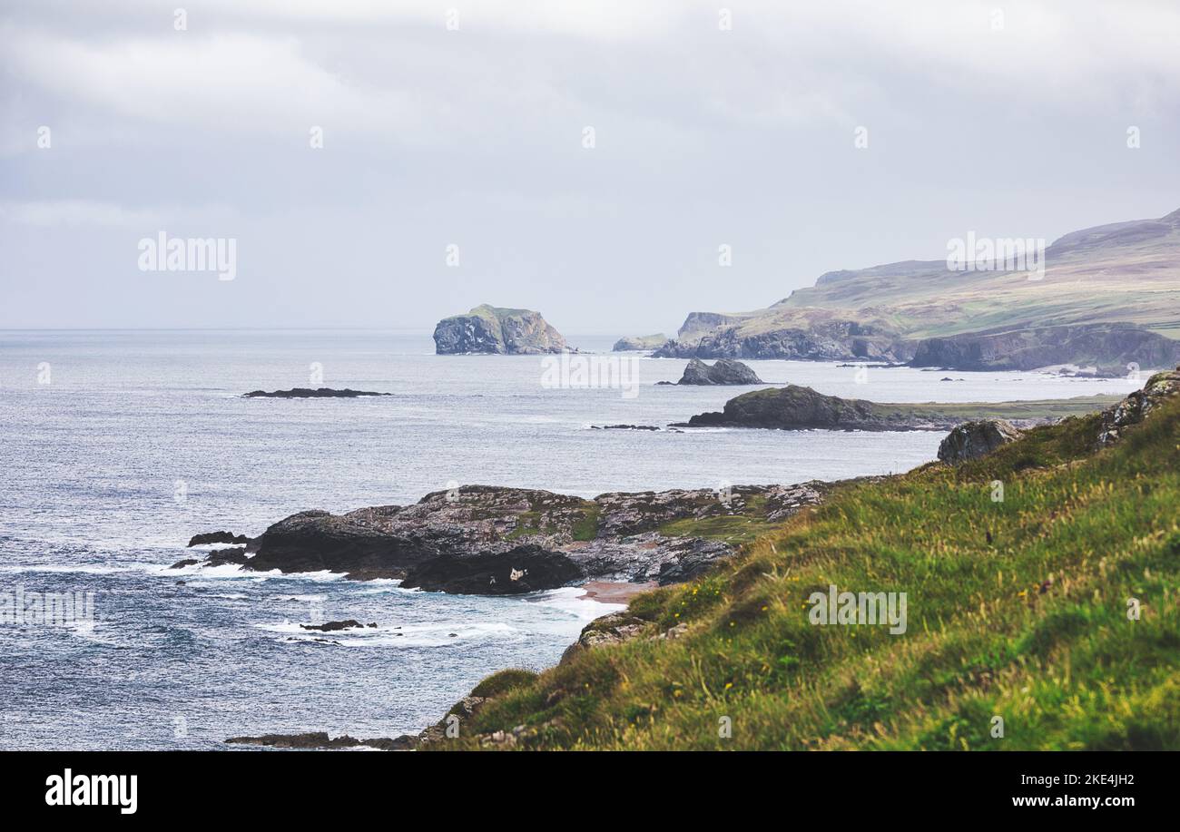Wild rugged windswept Altantic coast of the Inishowen Peninsula, County ...
