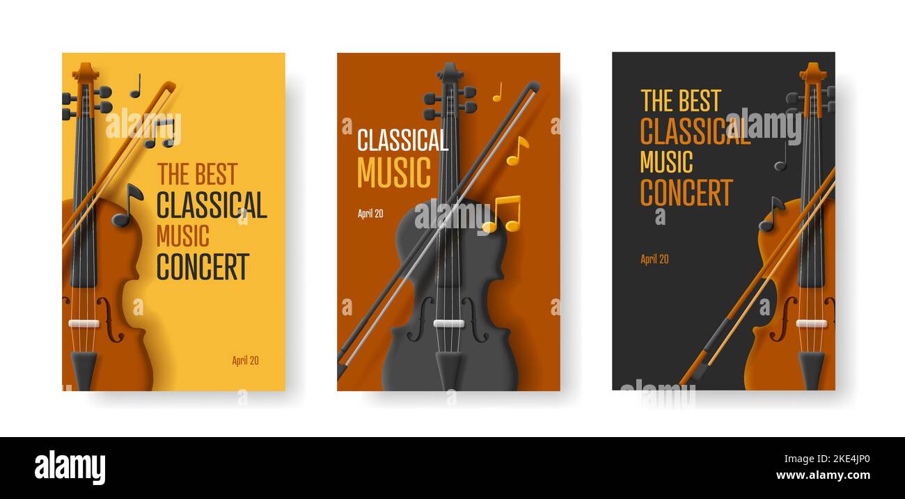 violin concert set of posters with 3d illustration of violin and notes ...