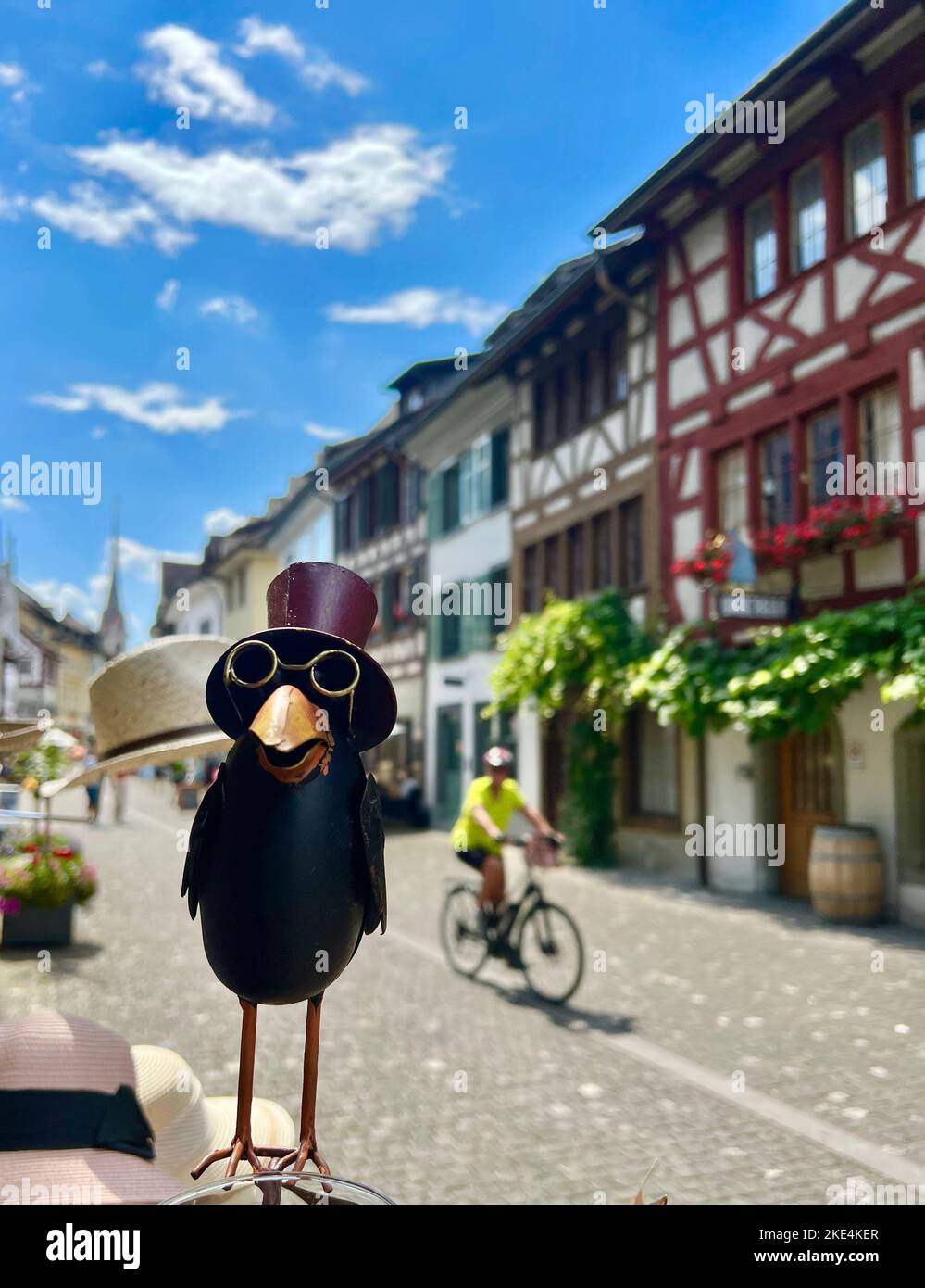 A vertical shot of a decorative crow with a hat and glasses outdoors ...